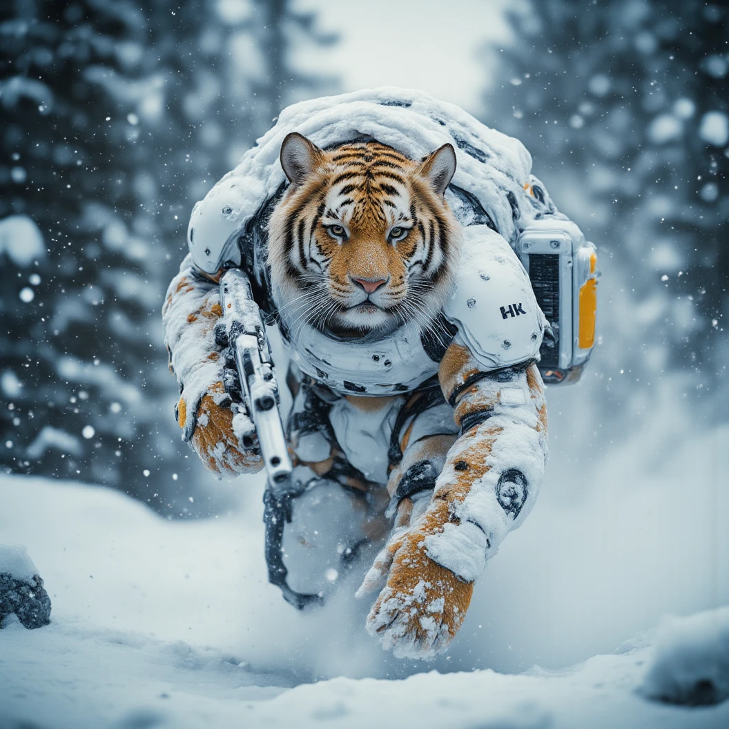 A muscular anthropomorphic orange tiger soldier. Donned in white arctic ...
