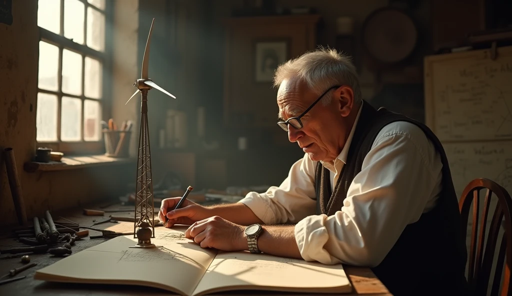 A solitary inventor working on a wind turbine model, surrounded by ...