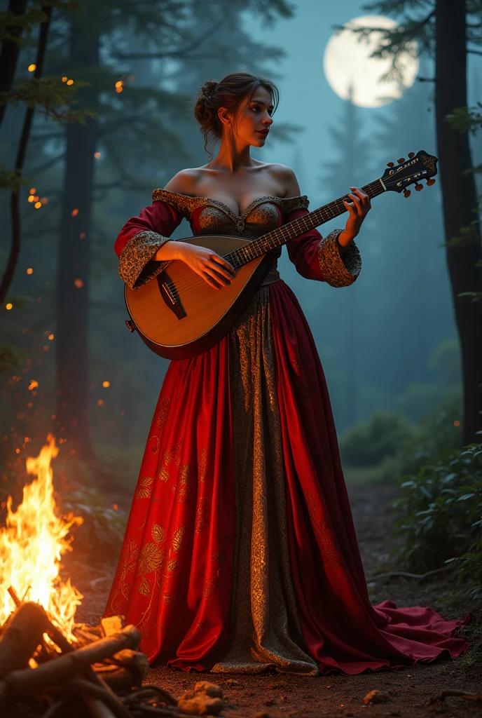 A dazzling medieval bard dressed in a red and gold gown with a ...