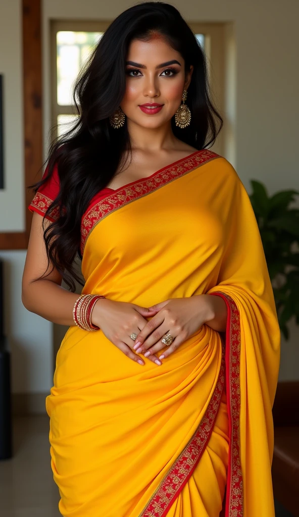 Busty curvy Indian Milf in Yellow saree with red border..sexy and ...