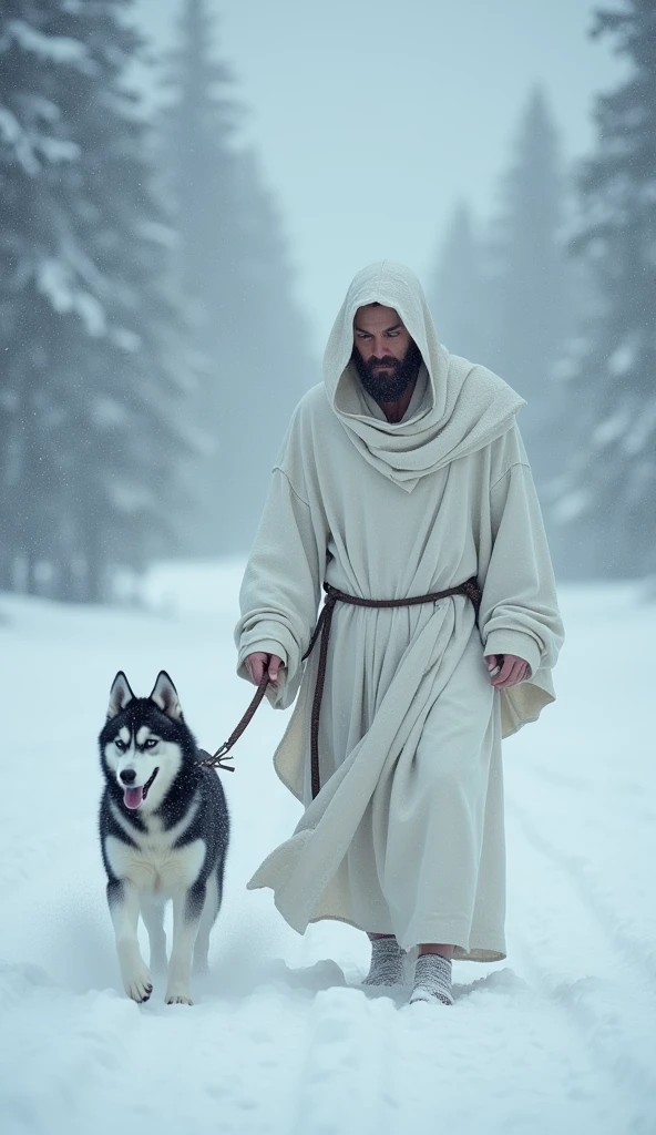 “Jesus wearing a white hooded robe, walking through a heavy snowstorm ...