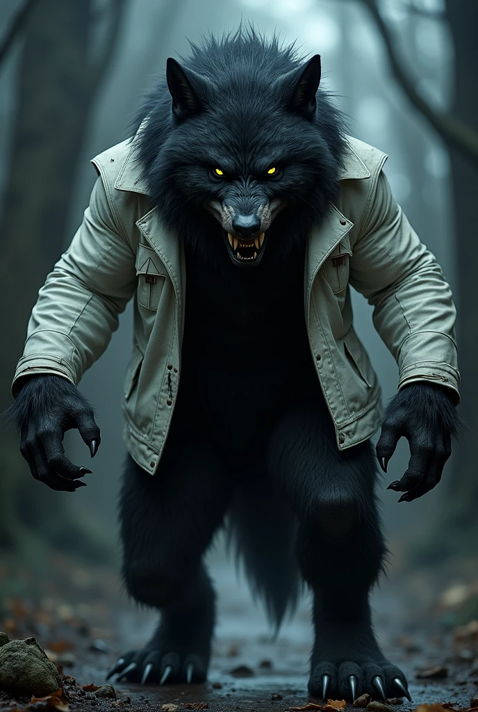 A muscular werewolf with black fur wearing a white jacket - SeaArt AI
