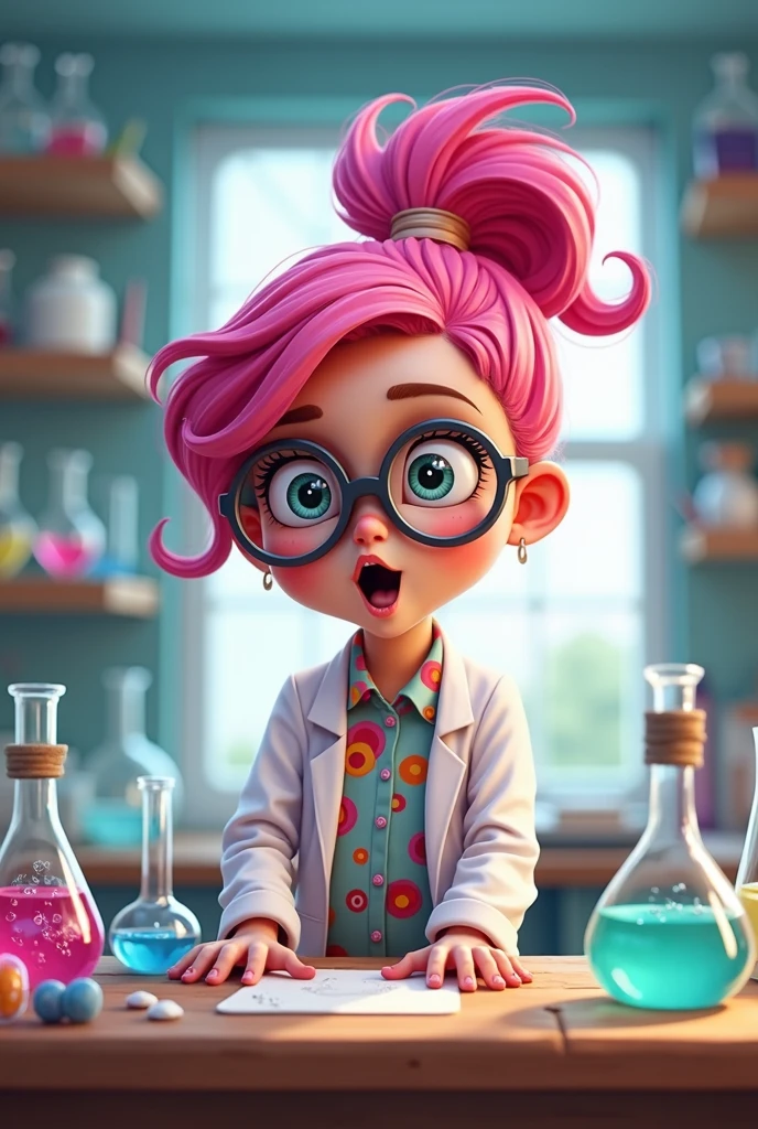 An animated cartoon style girl with a ponytail in her pink hair wearing ...