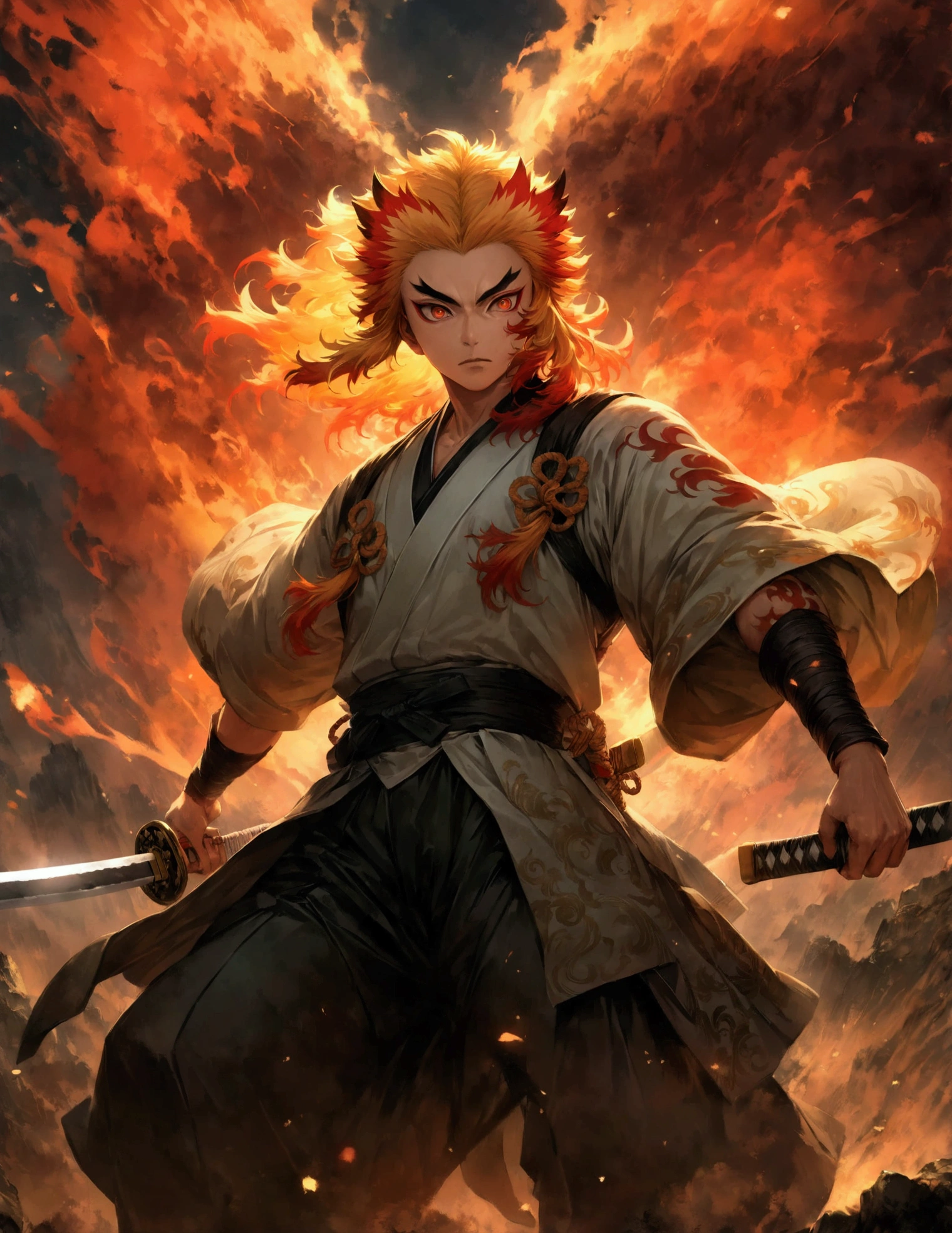 (1 male,Rengoku Kyojuro,Yellow and orange hair),solo,comics『Demon slayer - SeaArt AI