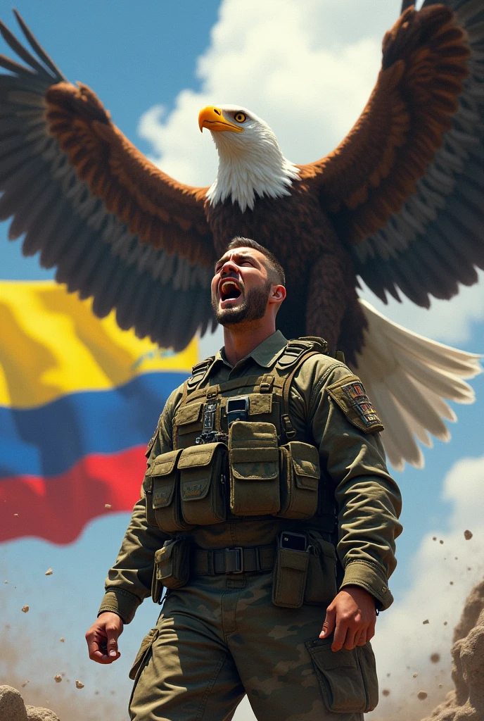 Drawing of a soldier in camouflage uniform shouting against an eagle ...