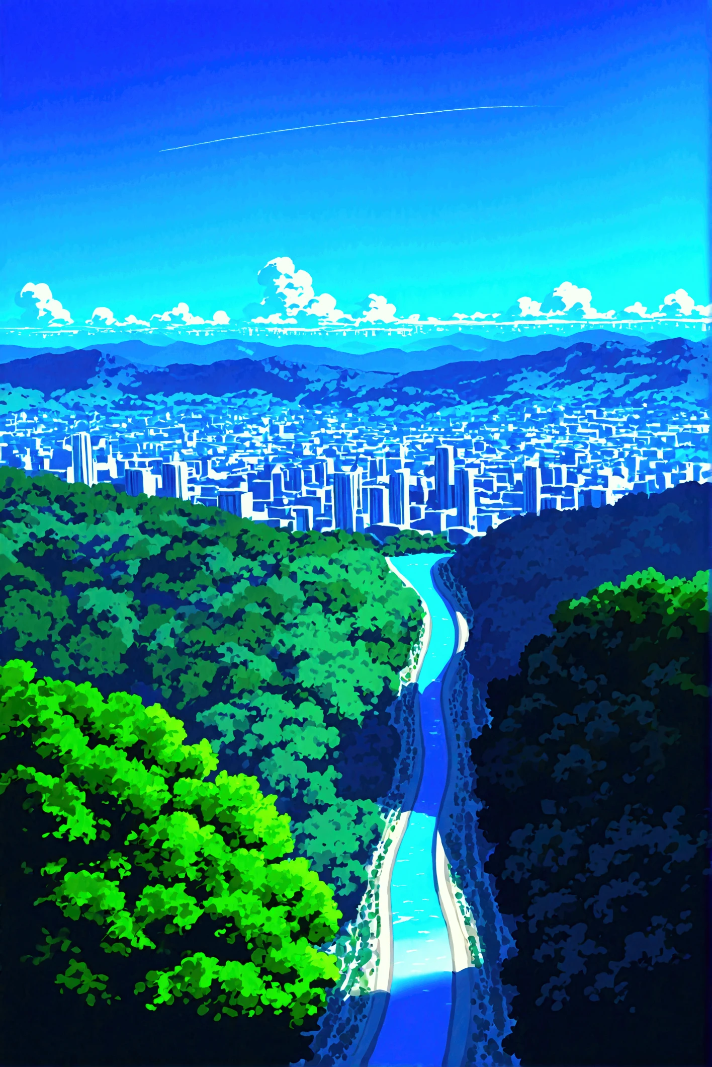 Isekai anime style comic book art. High-altitude view of city within a ...