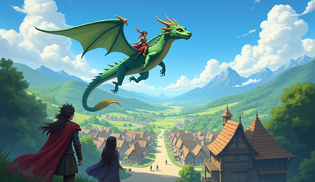 Green dragon and ren fly high above the village. Arka looks majestic ...