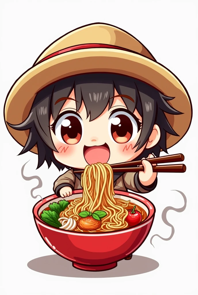Create a spicy themed logo anime style chibi guy wearing straw hat ...