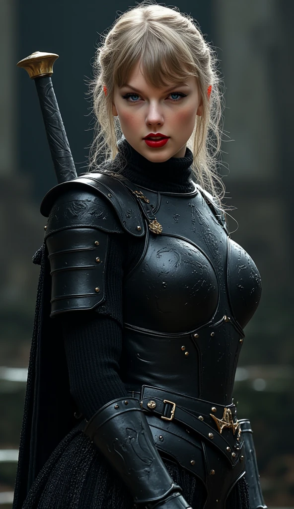 (Taylor Swift) with blonde hair in black armor, holding a great sword ...