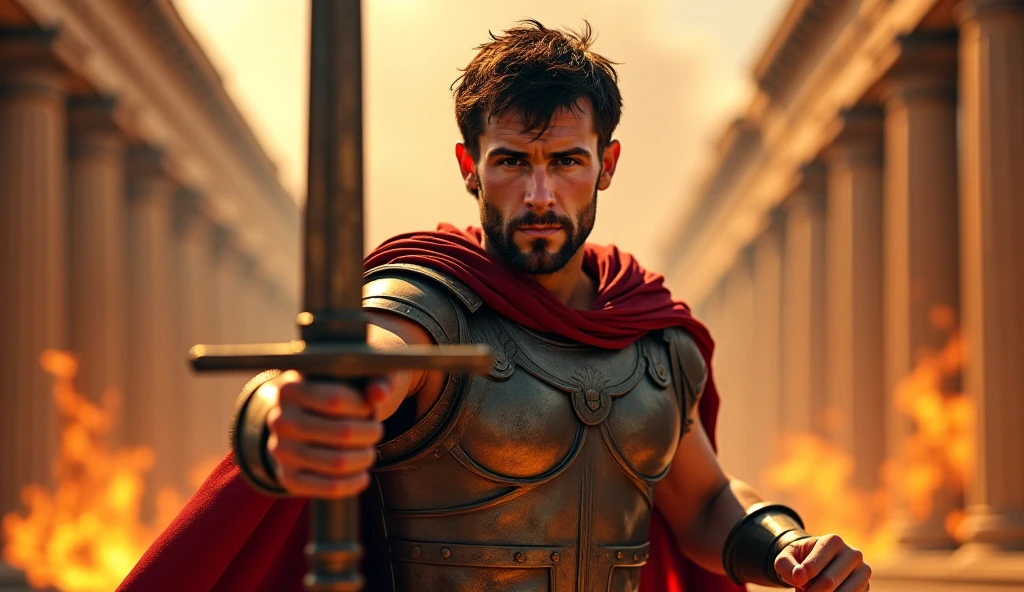 Greek hero holding a shining sword while running ready to attack the ...