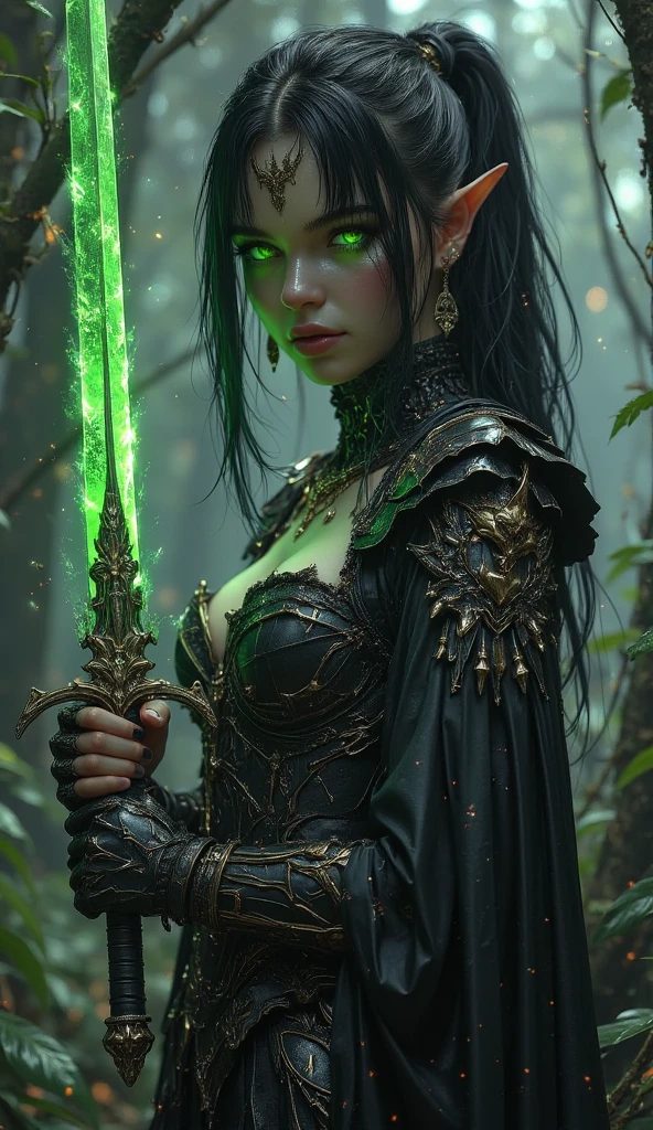 Sexy beautiful female darkelf paladin in opulent black leather armor - SeaArt AI