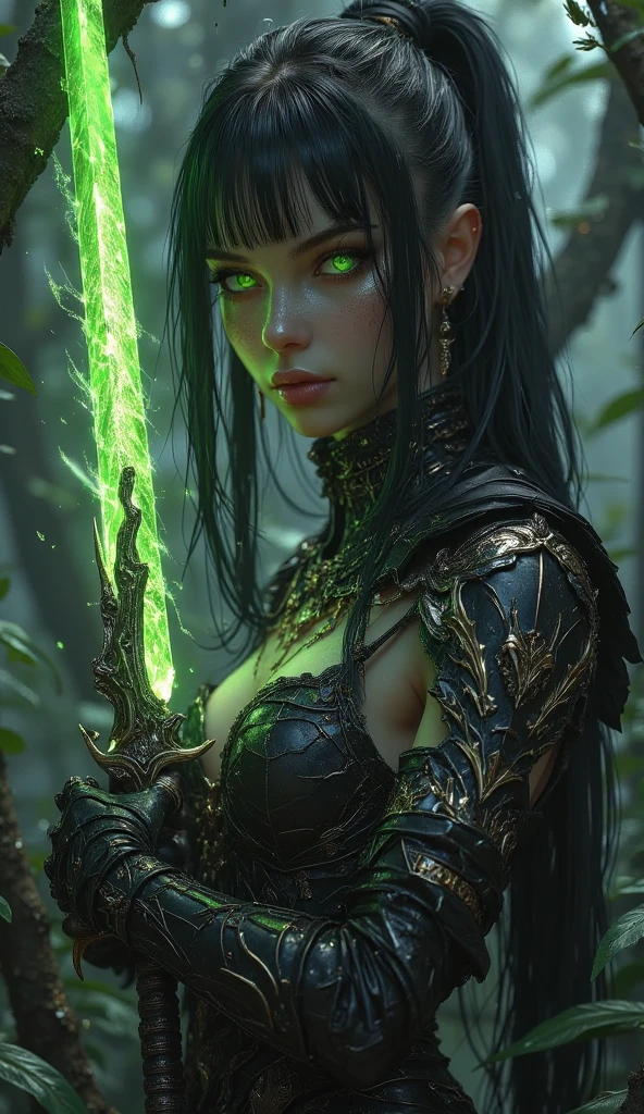 Sexy beautiful female darkelf paladin in opulent black leather armor - SeaArt AI