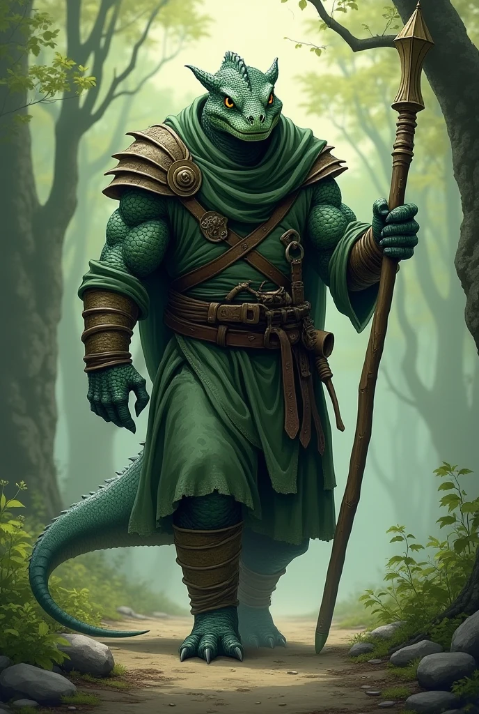 Anime type image, burly reptilian man dark green with gray, wearing ...