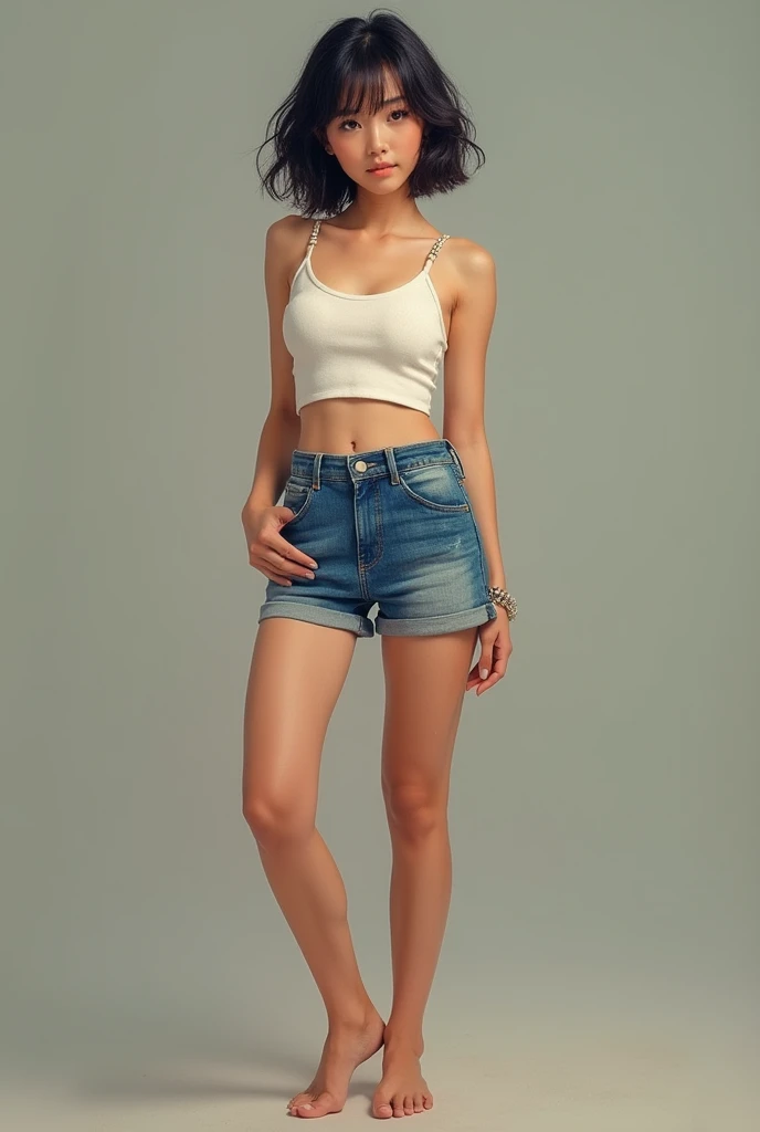 A cute girls from thailand with short blue jean . standing full body ...