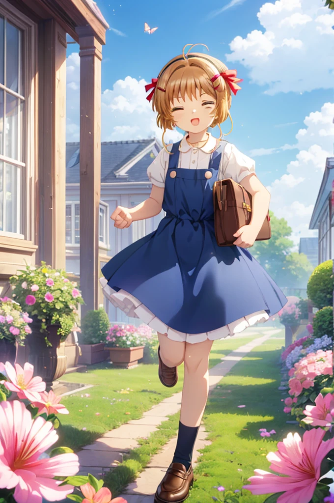 A beautiful girl in a blue pinafore dress running in a flower garden ...