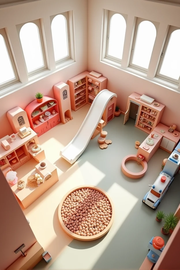 Capture a top-down view of a warm and inviting indoor playground within ...