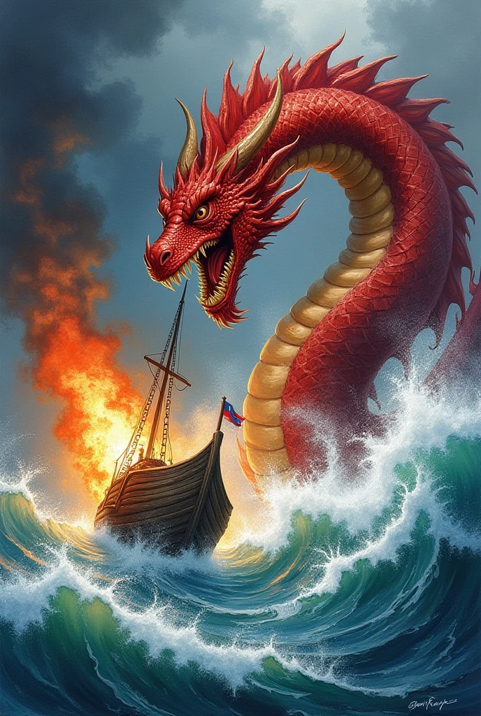 A red sea dragon attacking a ship draw using watercolor - SeaArt AI
