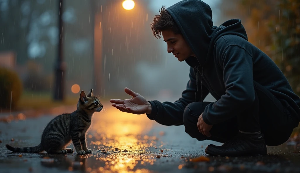 Sam Finds Milo "A realistic photo of a young man in a hoodie crouching ...