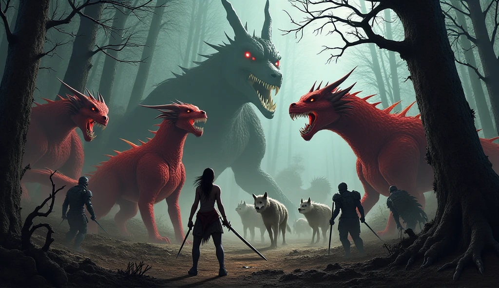 dark forest with an army of demons , demons shaped like red humanoid ...