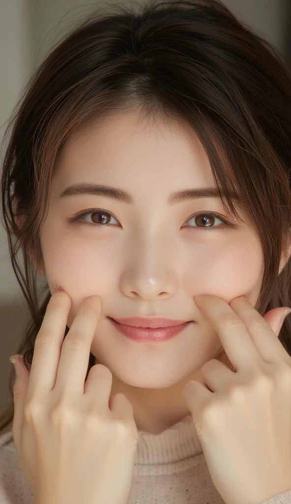 A photo of a east asian woman facing the camera, using both of her ...