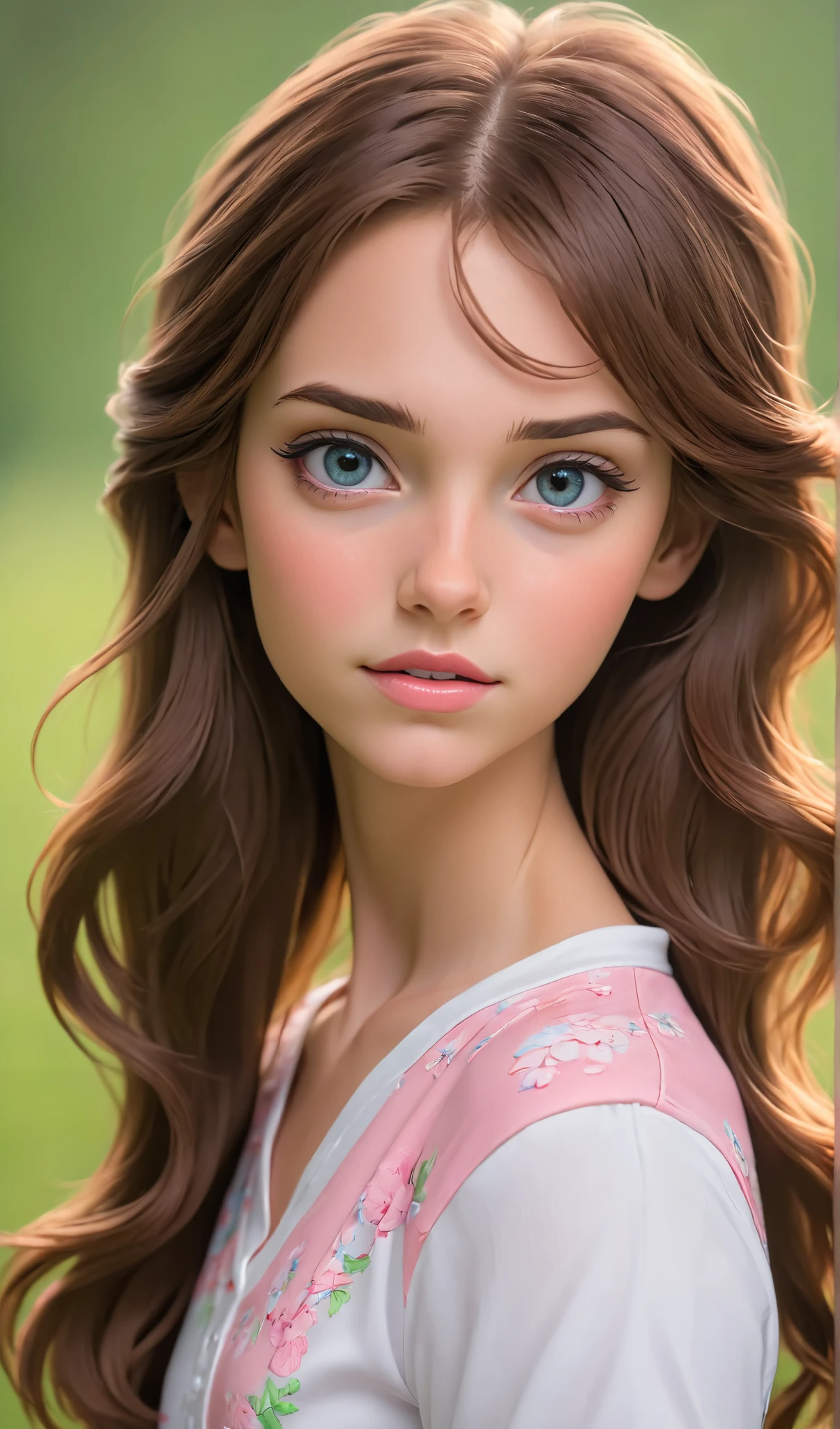 A close up of a young girl with long brown hair - SeaArt AI