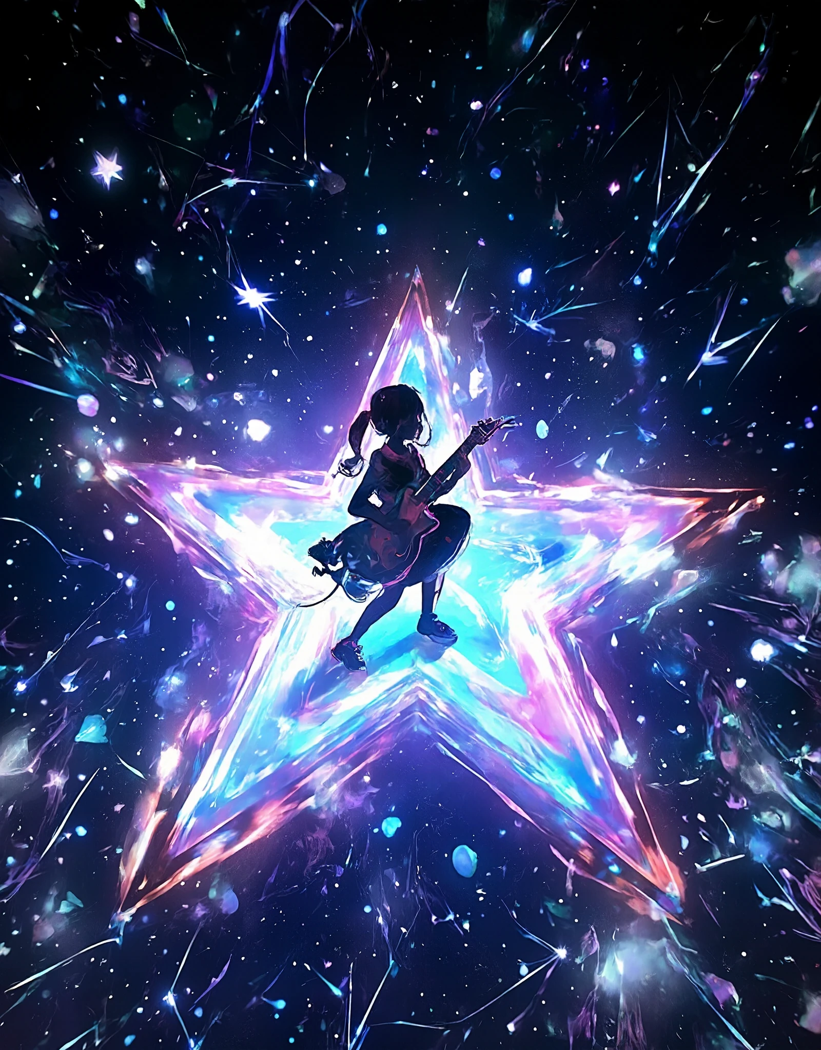 Anime girl sitting on a star with a guitar in the middle of a galaxy ...