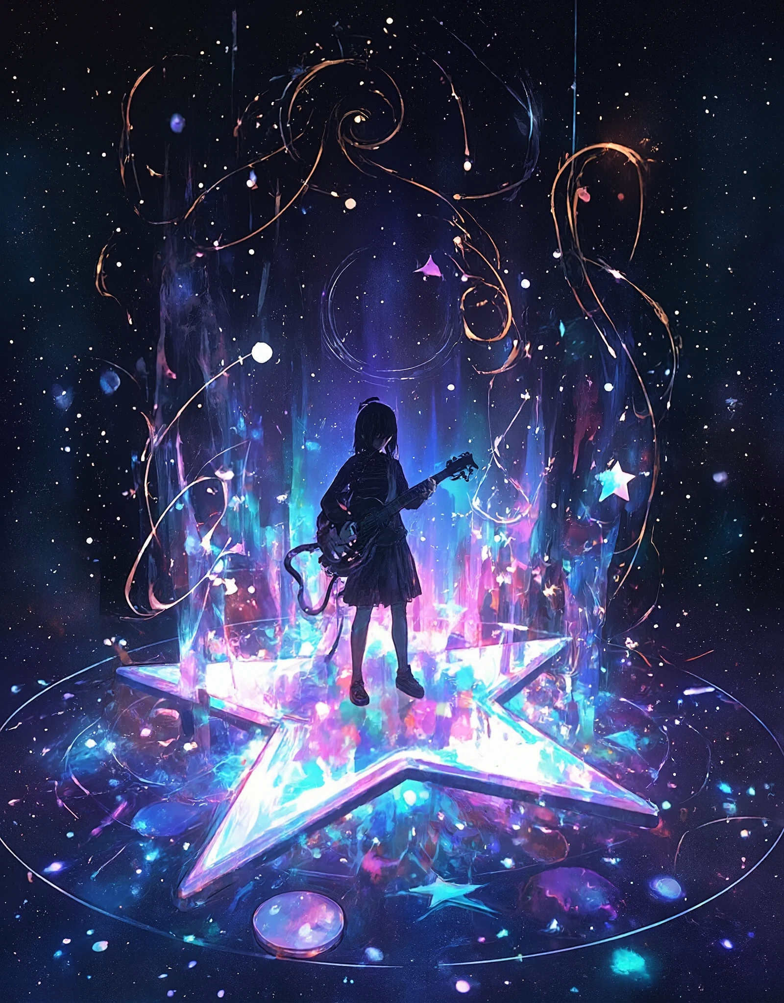 Anime - style illustration of a woman playing a guitar in a star ...