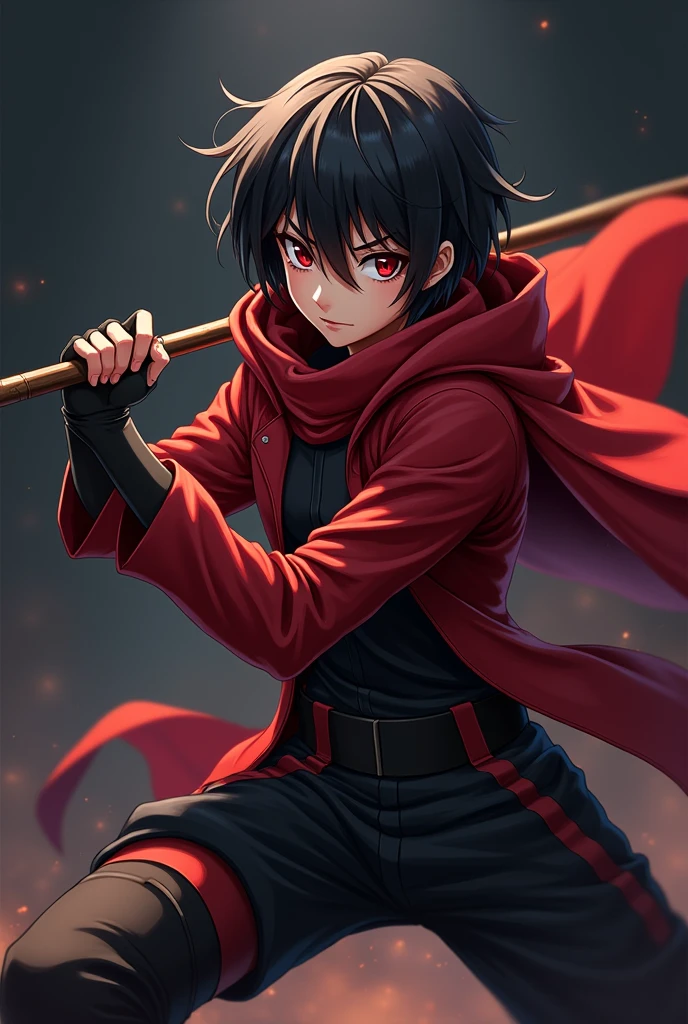 The anime character is wearing red and black clothes, holding his baton ...