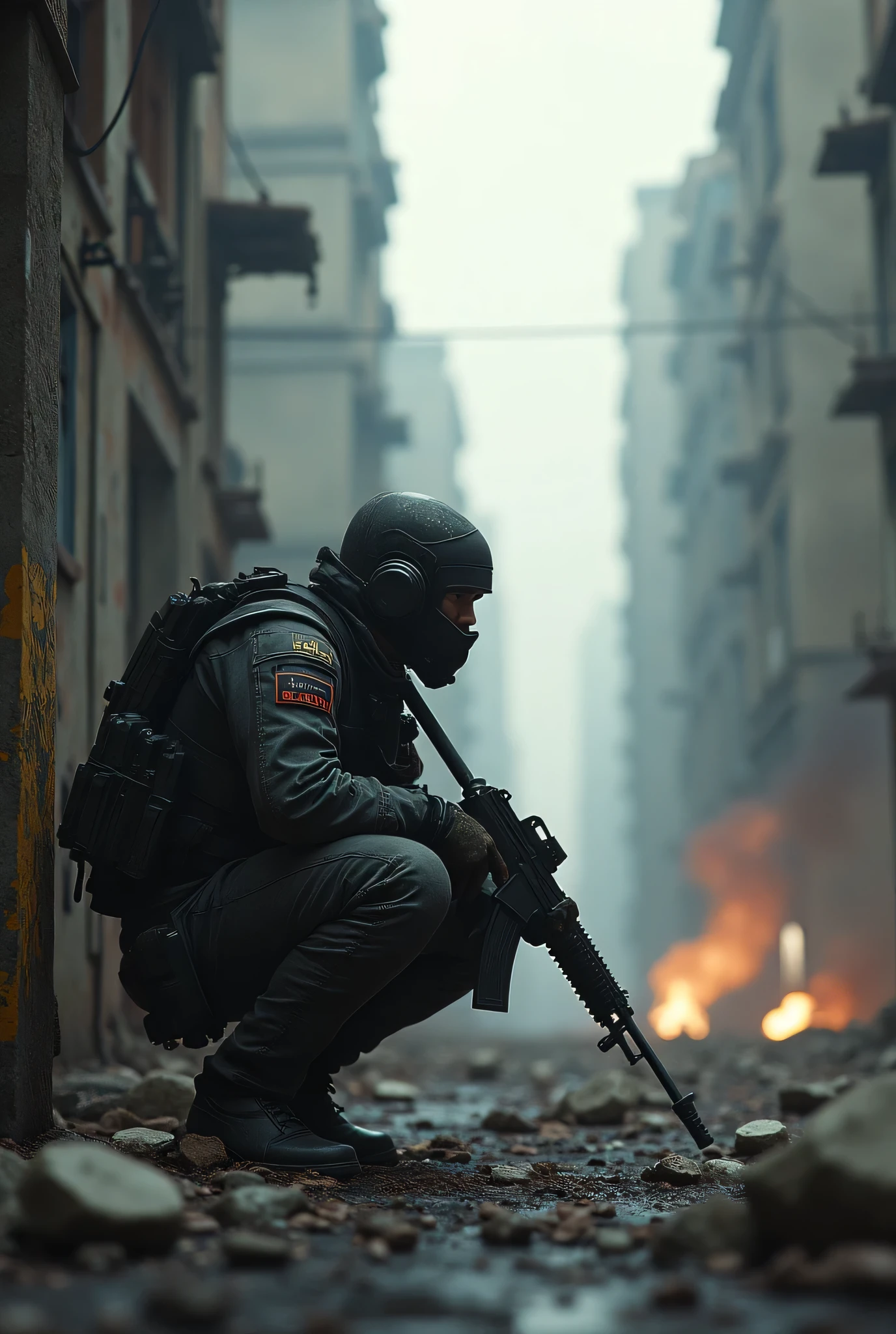 Arafed soldier crouching down in a city street with a rifle - SeaArt AI