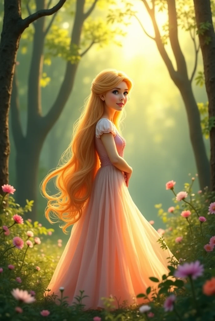 A beautiful princess stood gracefully in the quiet middle of the forest ...