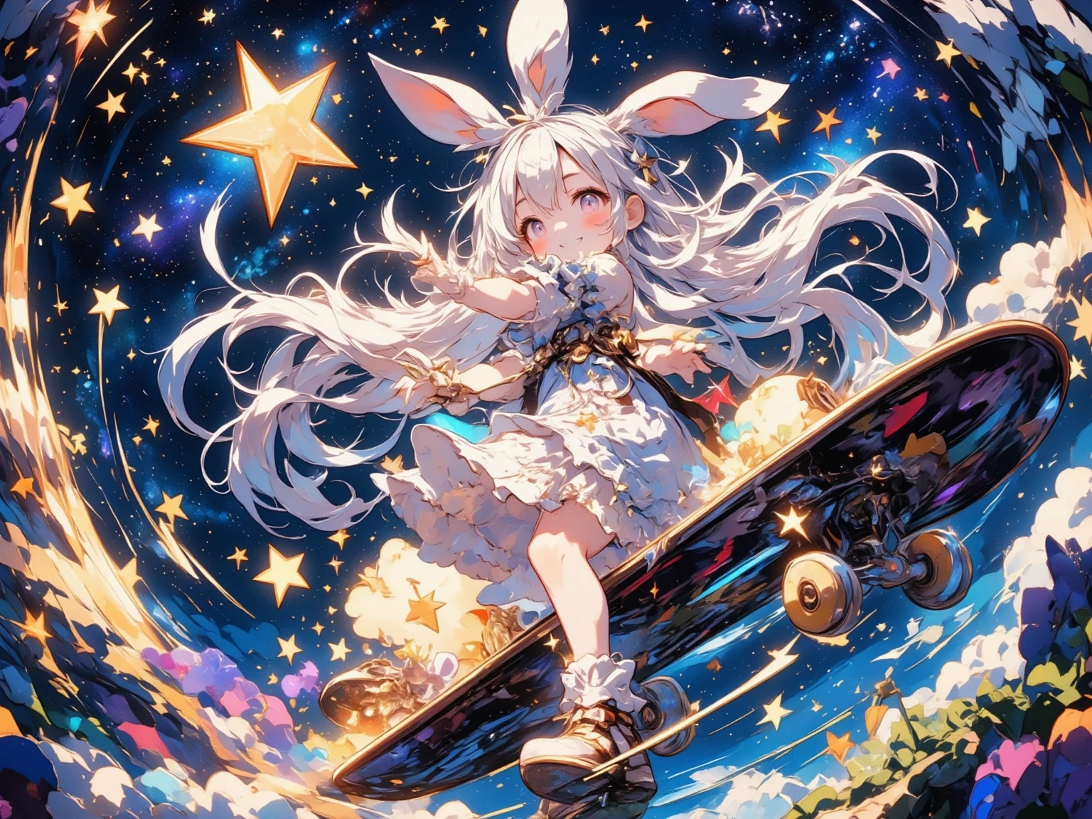 1girl, Rabbit girl riding a star, The eyebrows are raised sharply ...