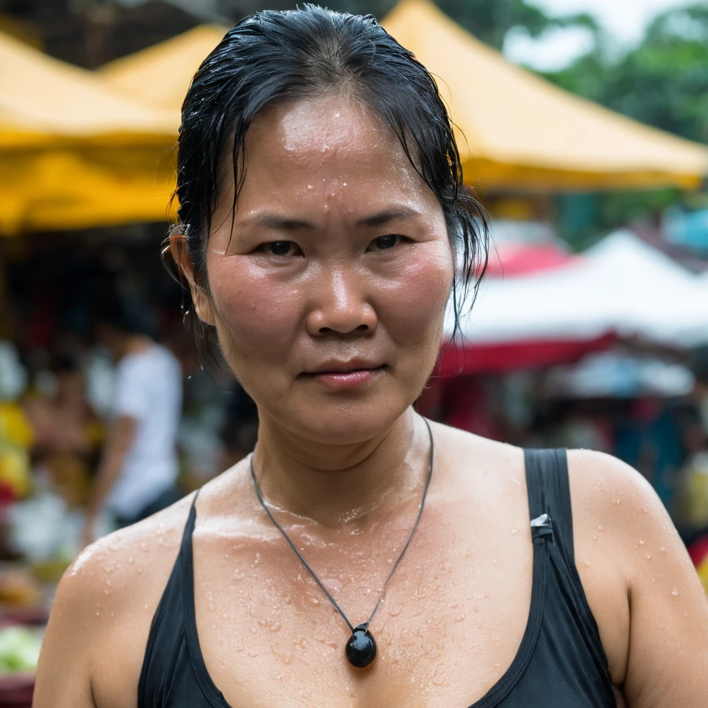 Sweaty,asian face ,women thai, Dirty Market vendor, Frowning - SeaArt AI