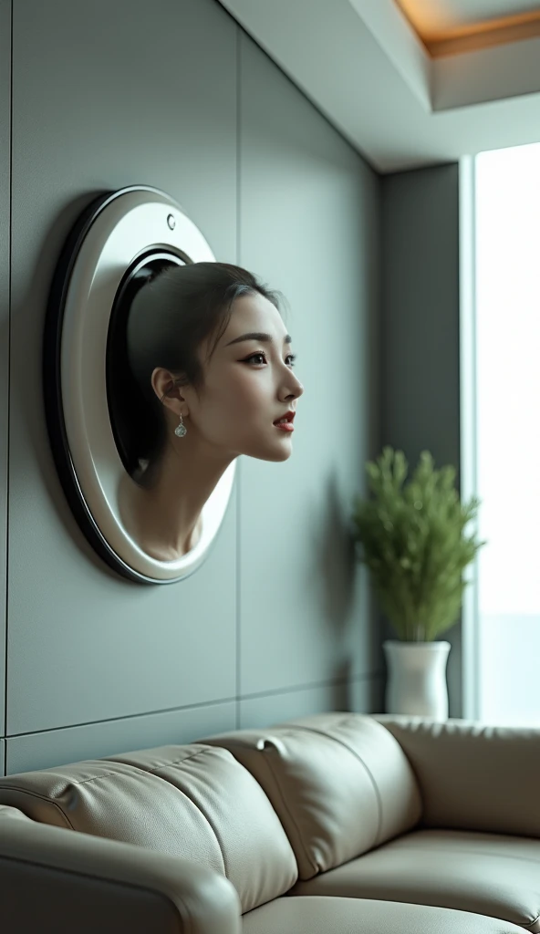 Her head hangs on the living room wall with a futuristic interior ...
