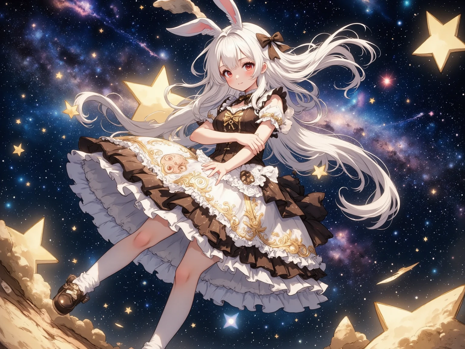 1girl, Rabbit girl riding a star:1.3, Riding on a cute twinkling star ...