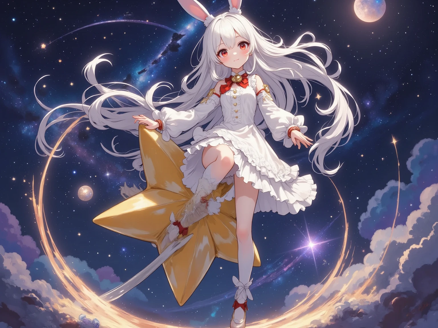 1girl, Rabbit girl riding a star:1.3, Riding on a cute twinkling star ...