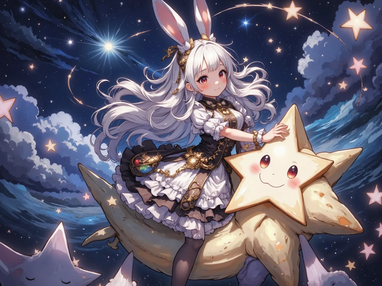 1girl, Rabbit girl riding a star:1.3, Riding on a cute twinkling star ...
