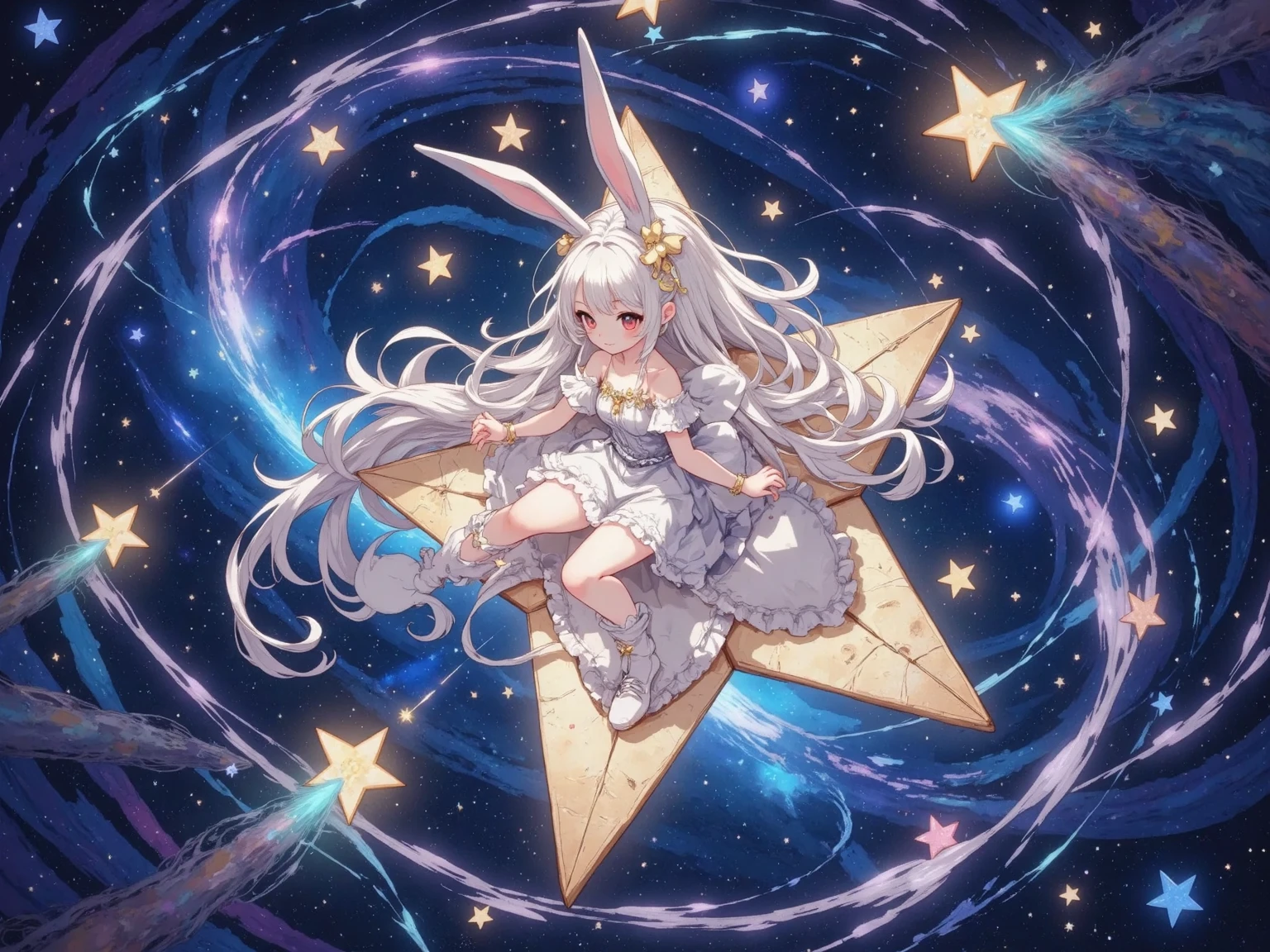 1girl, Rabbit girl riding a star:1.3, Riding on a cute twinkling star ...