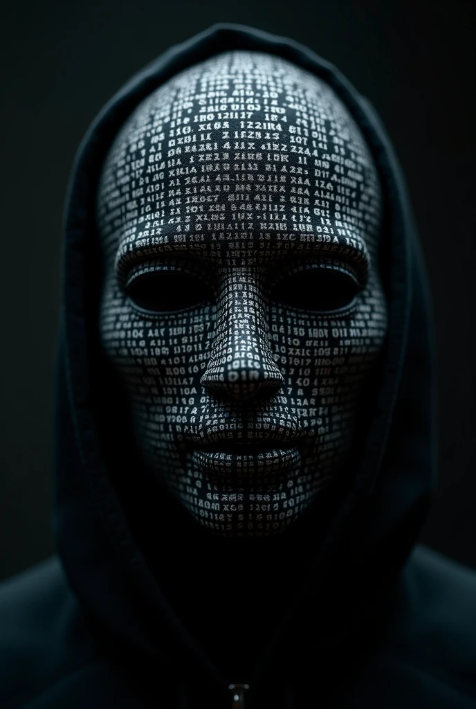 A mask formed by code, a pattern of letters and code that come together ...