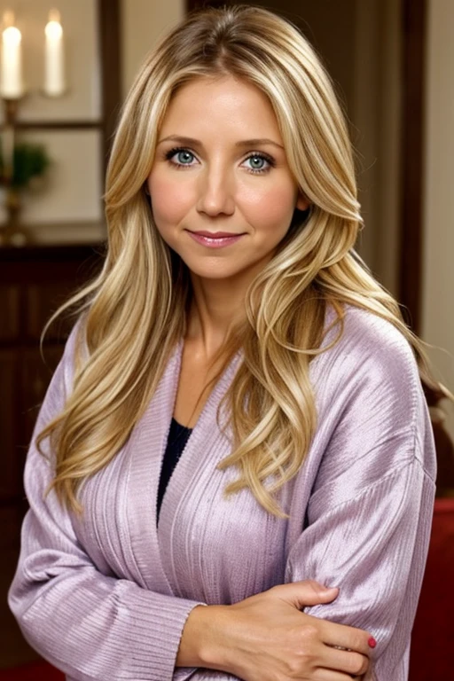 Sarah Chalke, milf, face portrait, long messy blond hair, wearing silky ...