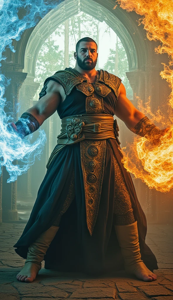 Stocky muscular mage, almost 2 meters tall, with dark green eyes ...