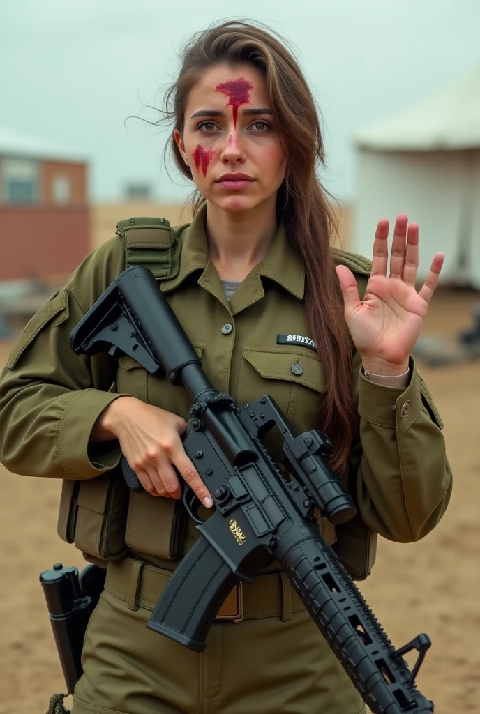 An Israeli female in a typical Israeli army uniform, posing with both ...