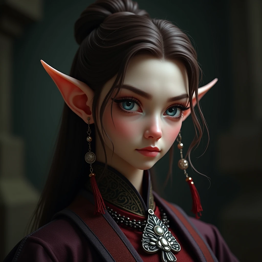 A highly detailed portrait of a mystical elven character with long dark ...