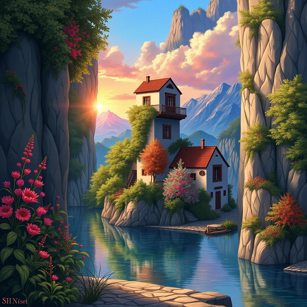 A small village by the river, mountains in the background - SeaArt AI