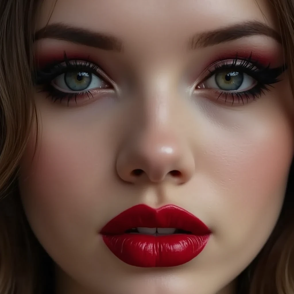 Close up of face, deep red lips, lip gloss, shiny lips, eyeliner flicks ...