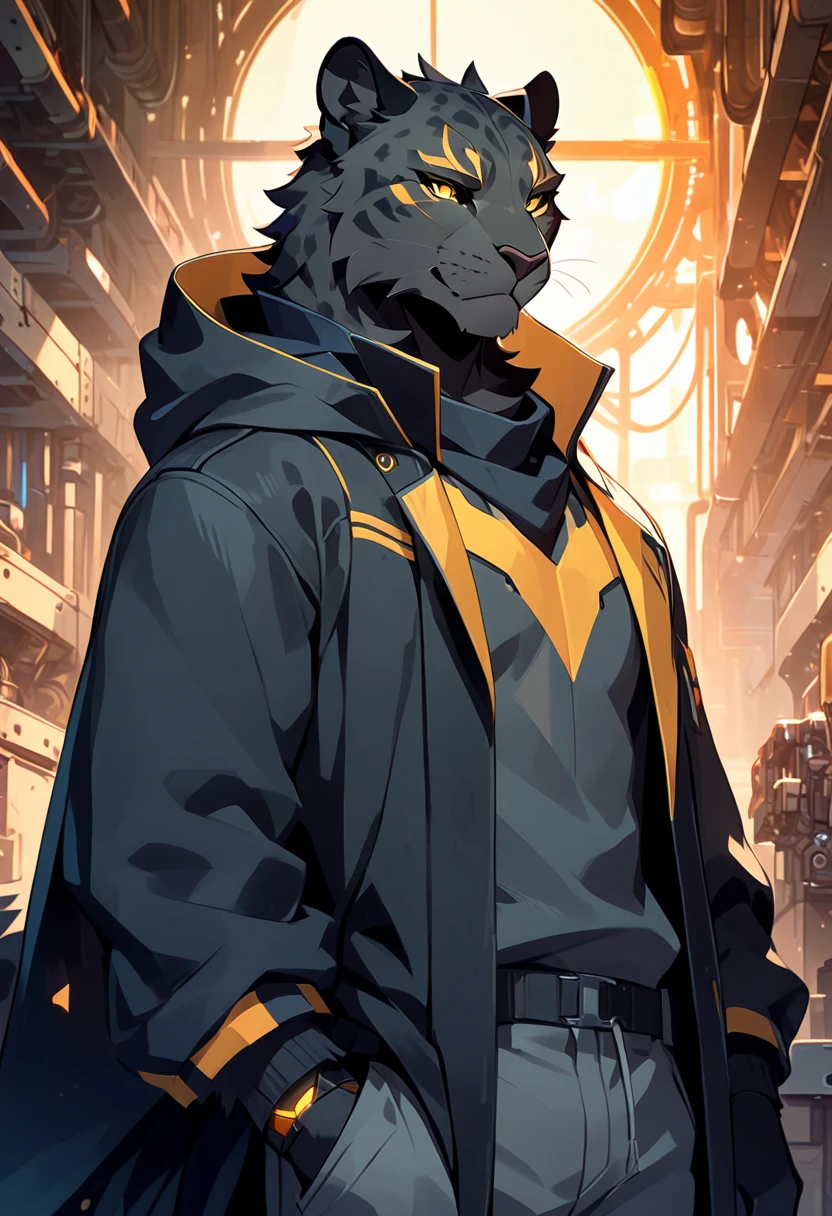 Anthropomorphic black leopard with a black pelt wearing a worn dirty ...