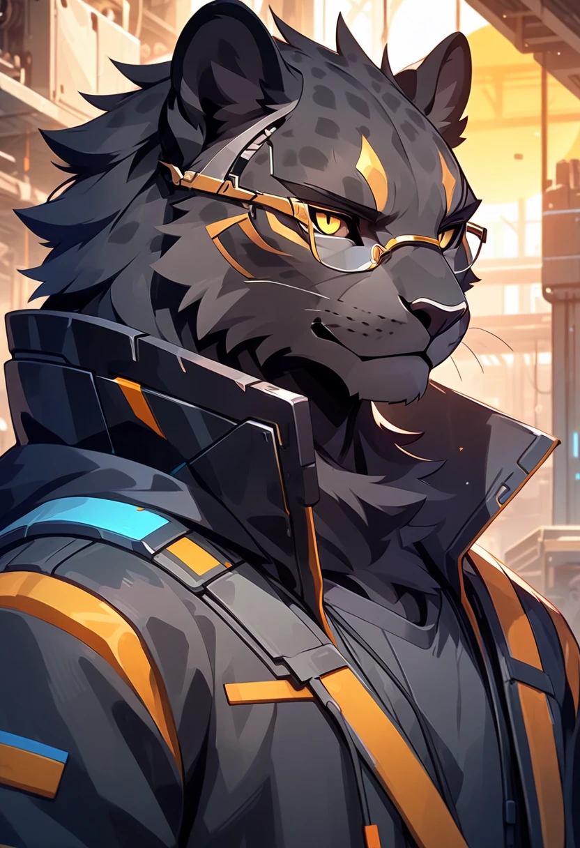 Anthropomorphic black leopard with a black pelt wearing a worn dirty ...