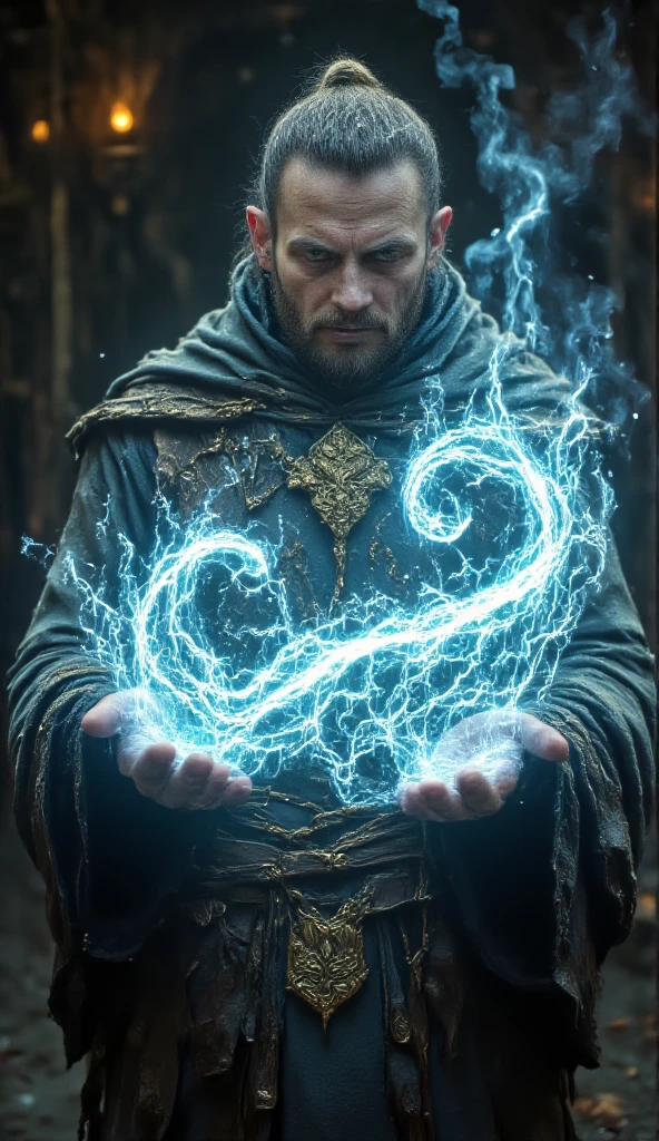 Stocky muscular mage, almost 2 meters tall, with dark green eyes ...