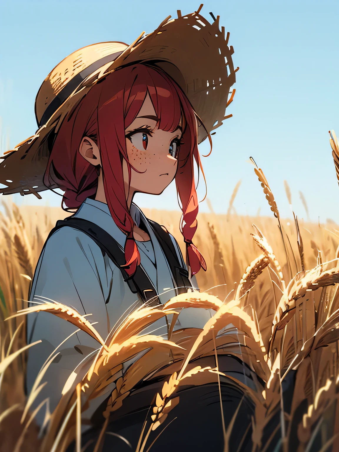 Anime girl in a straw hat in a field of wheat - SeaArt AI
