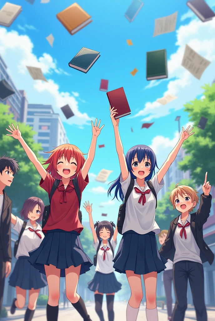 Create a picture of anime students throwing their books at the end of ...