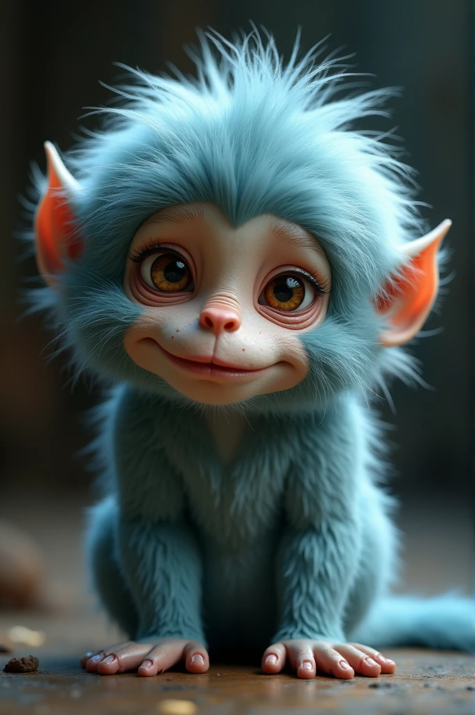 "A fantastical, whimsical creature with soft, fluffy blue-gray fur ...